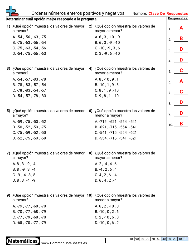 Hoja De Trabajo De Números Enteros Con Respuestas
